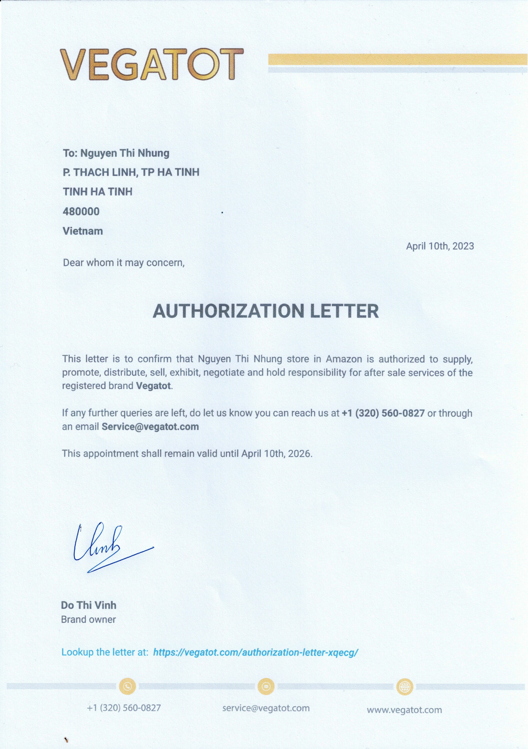 Authorized letter – vegatot